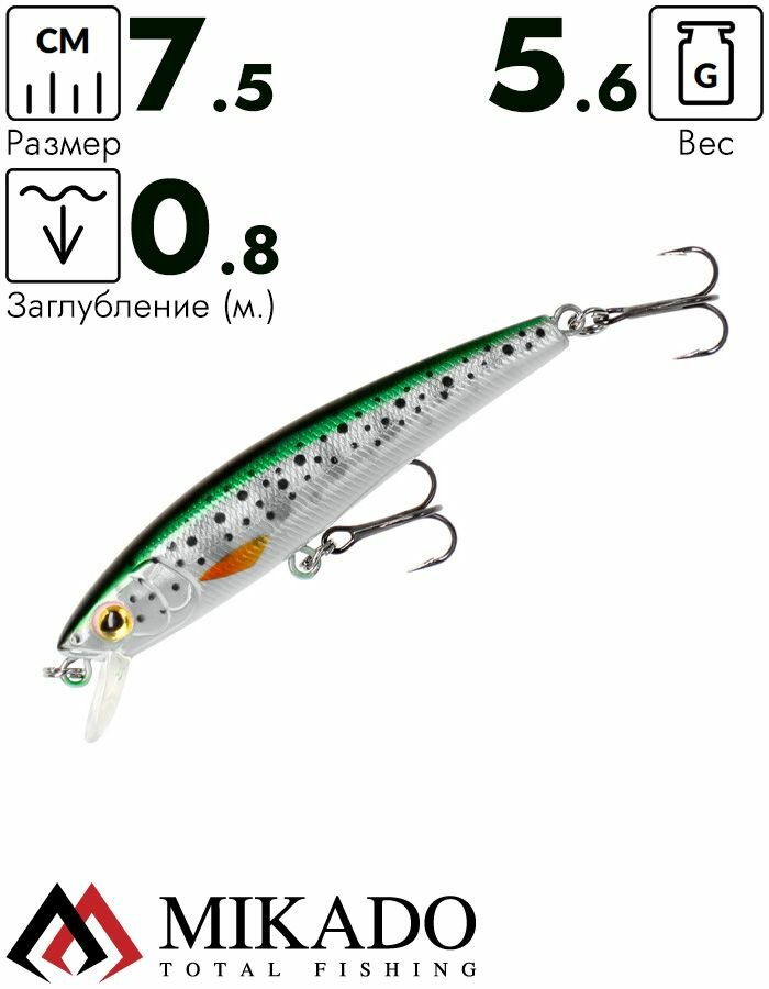 Воблер Mikado NEEDLE 7,5 см./RAINBOW TROUT - всплывающий/aggresive (5,6г /slow sinking)