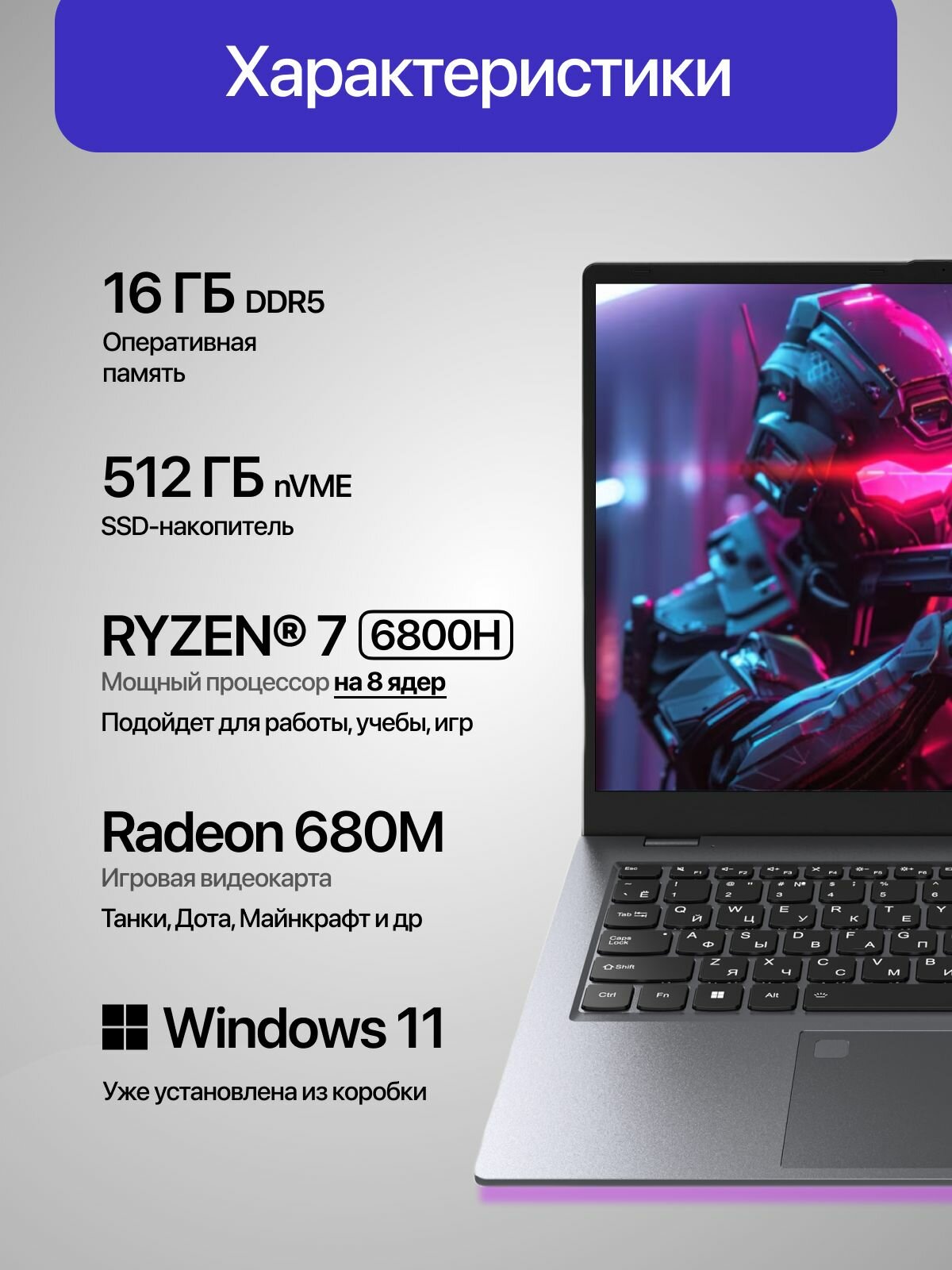 Игровой ноутбук Ryzen 7, Radeon 680M, 16 ГБ DDR5, SSD m2 512, Windows 10 — фото 1