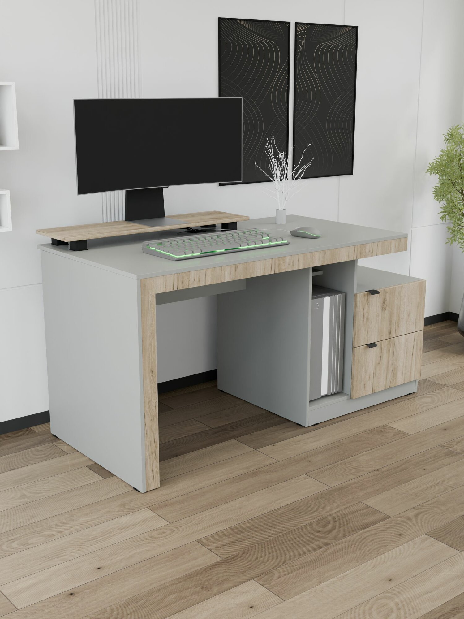 Изумлит Стол компьютерный для офиса и дома Вертикаль Лайт 162х80х74.5 см, тумба справа, шиншилла серая - дуб крафт серый