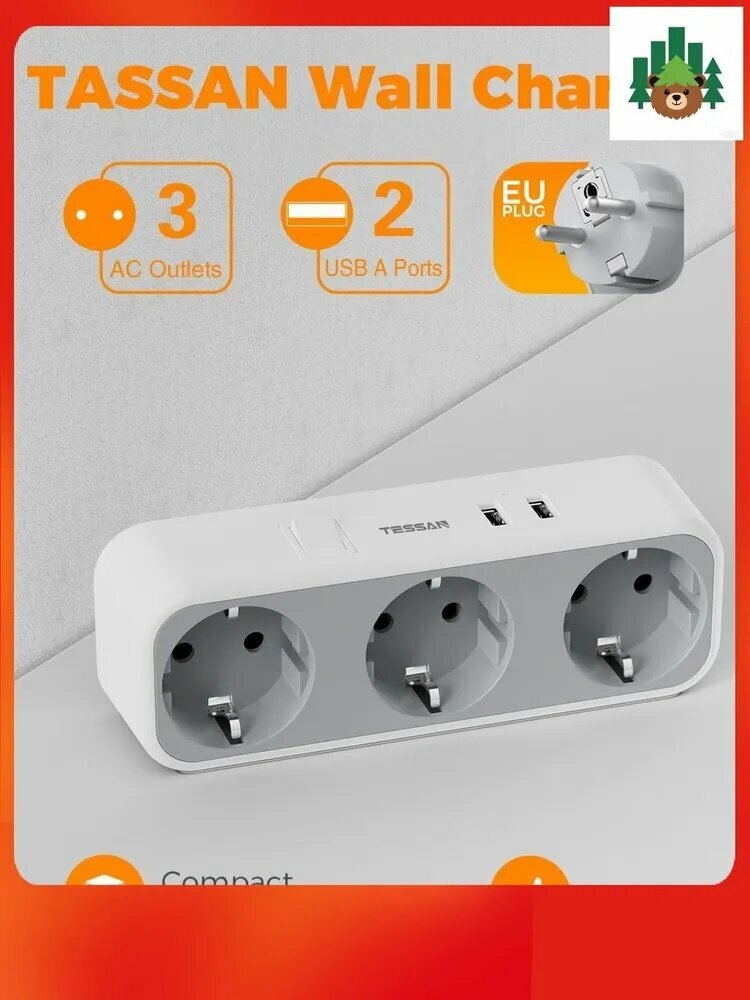 Настенная розетка TESSAN с 3 портами переменного тока и 2 портами USB-A, блок питания 5 в 1, с выключателем, подходит для домашнего офиса, серая