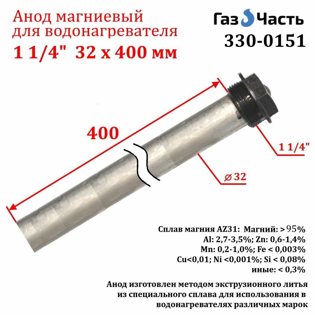 Анод 1 1/4" 400 мм (д.32) защитный магниевый для водонагревателя ГазЧасть 330-0151