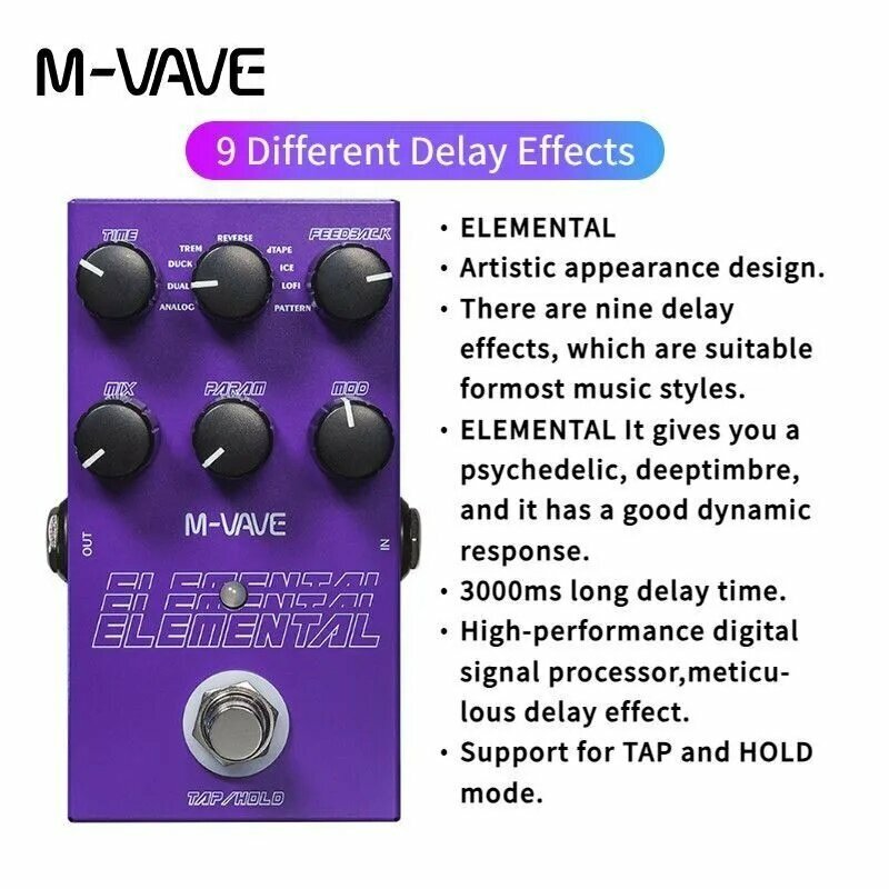 M-vave Elemental Педаль задержки Digital Delay Pedal, 9 различных эффектов задержки, поддерживаются режимы TAP и HOLD.