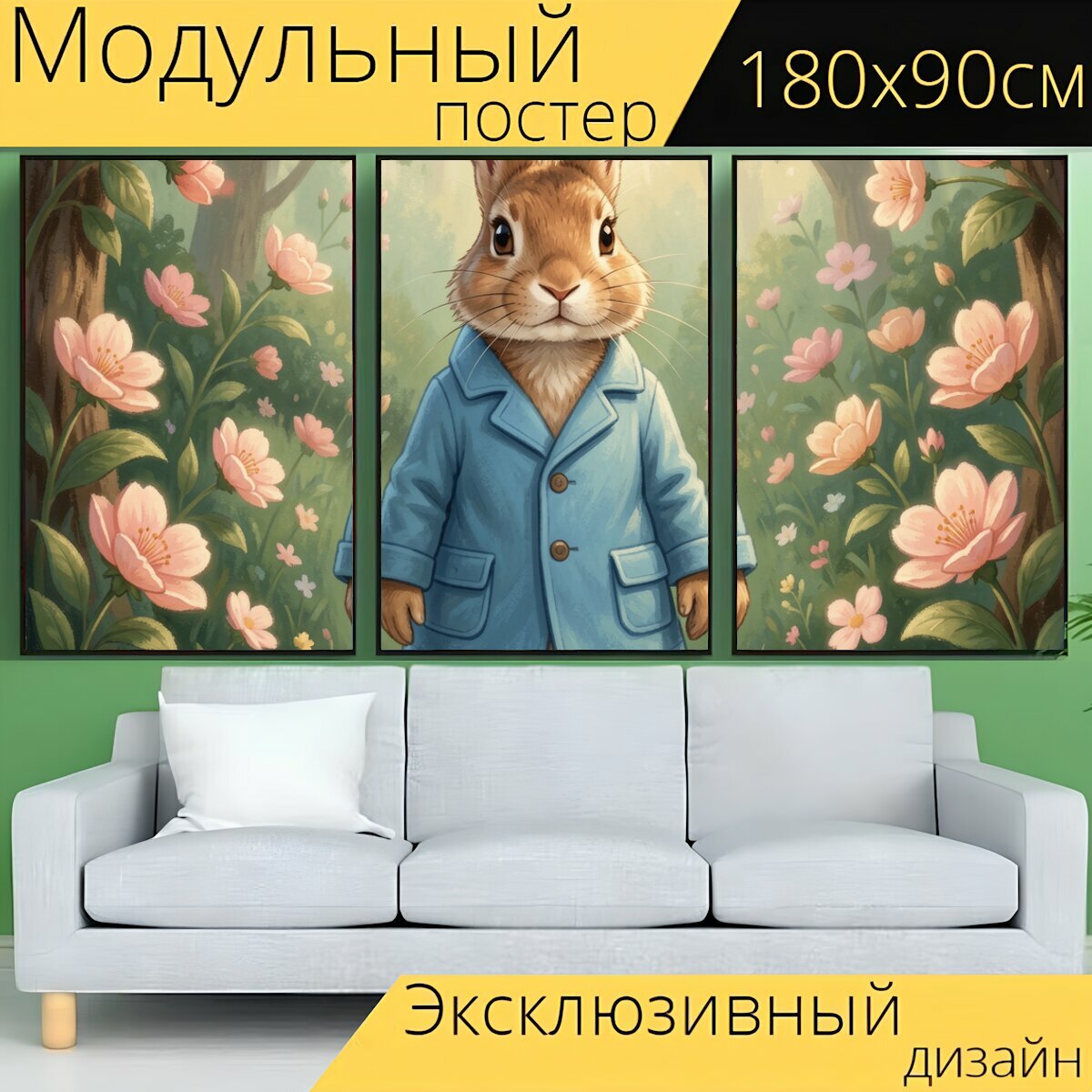 Модульный постер "Кролик в голубом пальто. Милый лесной зайчик среди розовых цветущих ветвей и нежных садовых бутонов. Сказочная." 180 x 90 см. для интерьера на стену в тубусе