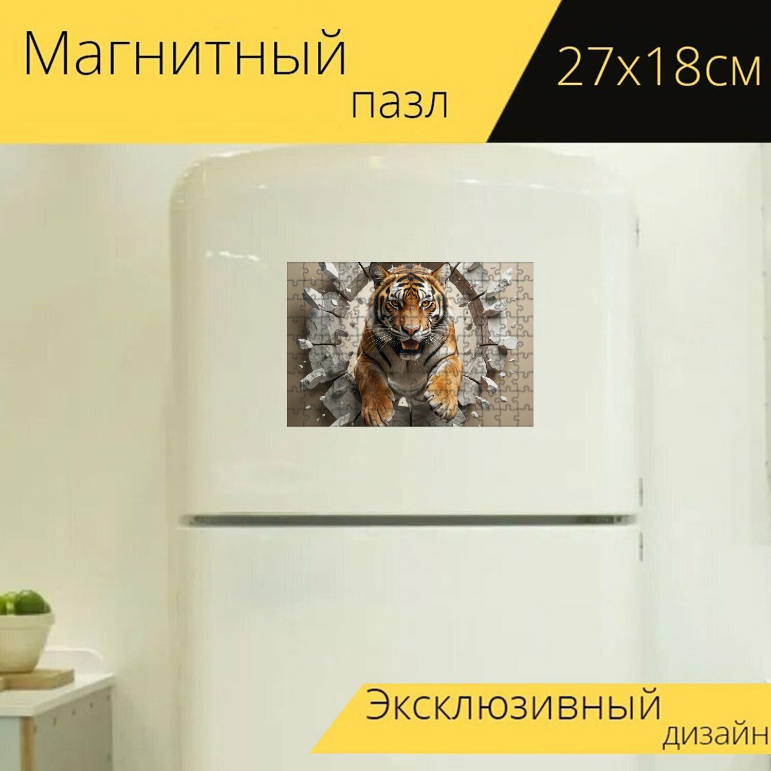 Магнитный пазл "Тигр, проламывающий каменную стену. Мощный полосатый хищник вырывается вперед сквозь разлетающиеся обломки. Реалистичная 3D-иллюстрация в." на холодильник 27 x 18 см.