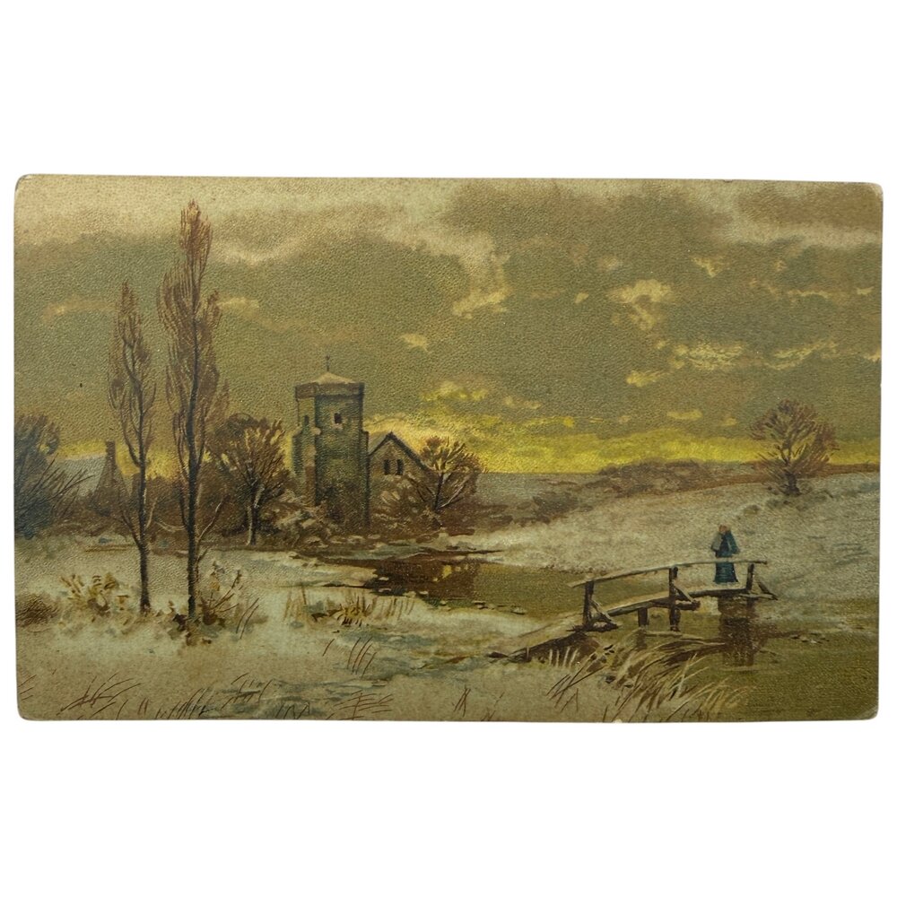 Почтовая открытка "Зимний вечер у реки" 1910-1915 гг. Российская Империя