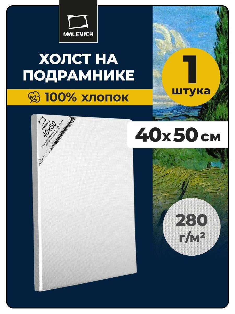 Холст для рисования на подрамнике, размер 40x50 см Малевичъ, хлопок, 280 г/м2, холст 40х50 см для акриловой и масляной живописи хлопковый холст 280 г/м2