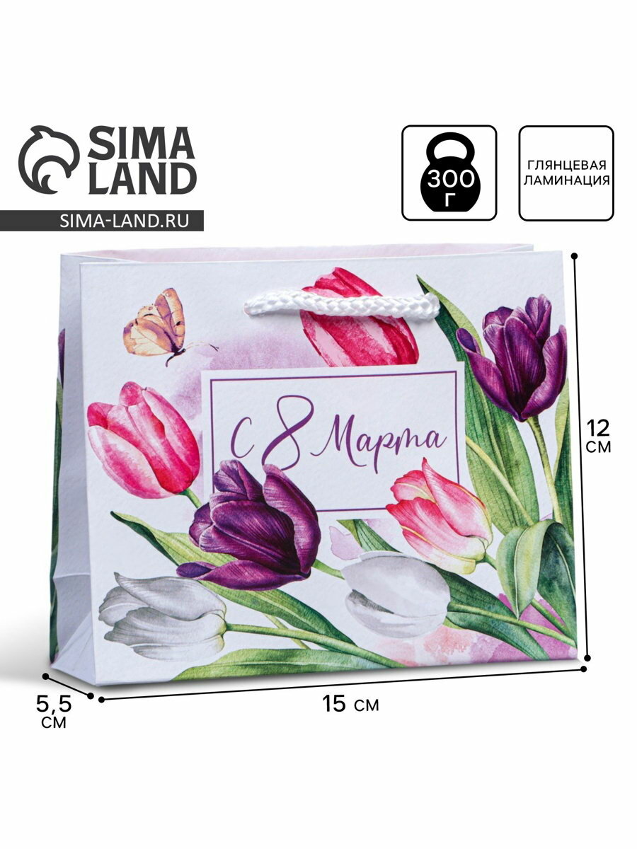 Пакет подарочный ламинированный, упаковка, "8 марта", S 12x15x5.5 см