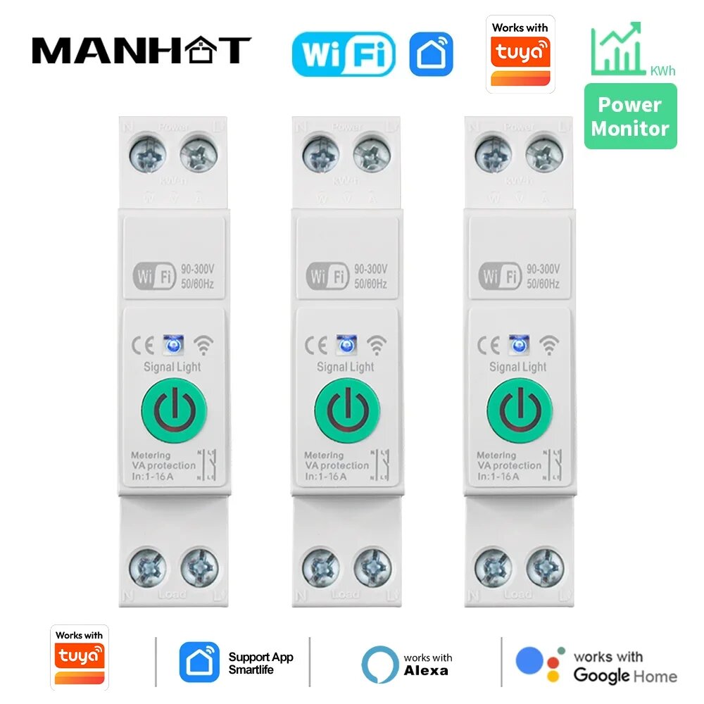 Умный выключатель Manhot WIFI 1P 16A с измерением энергии