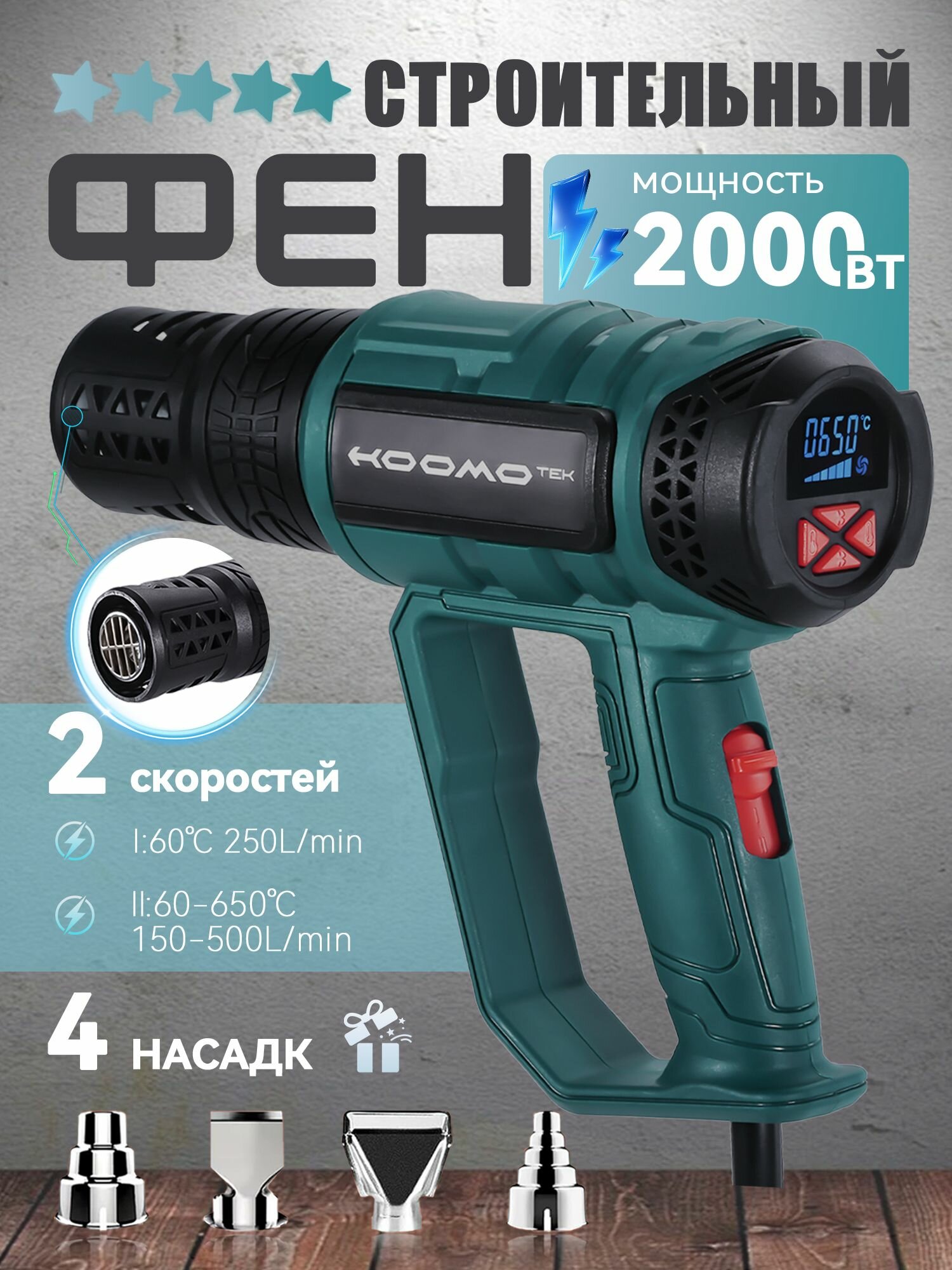 Строительный фен/ Промышленный фен 2000 Вт,60-650 градусов, 4 насадки, бесступенчатая регулировка температуры, С дисплеем