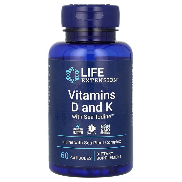 Life Extension, Витамины D и K с йодом, D and K with Sea-Iodine, 60 капсул