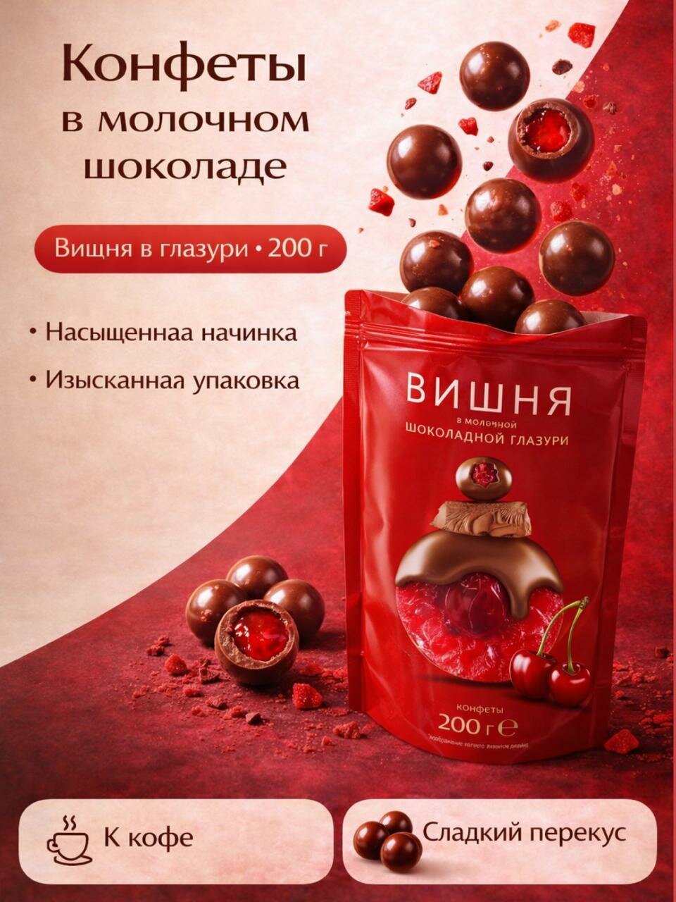 Конфеты вишня в молочной шоколадной глазури, 200 г