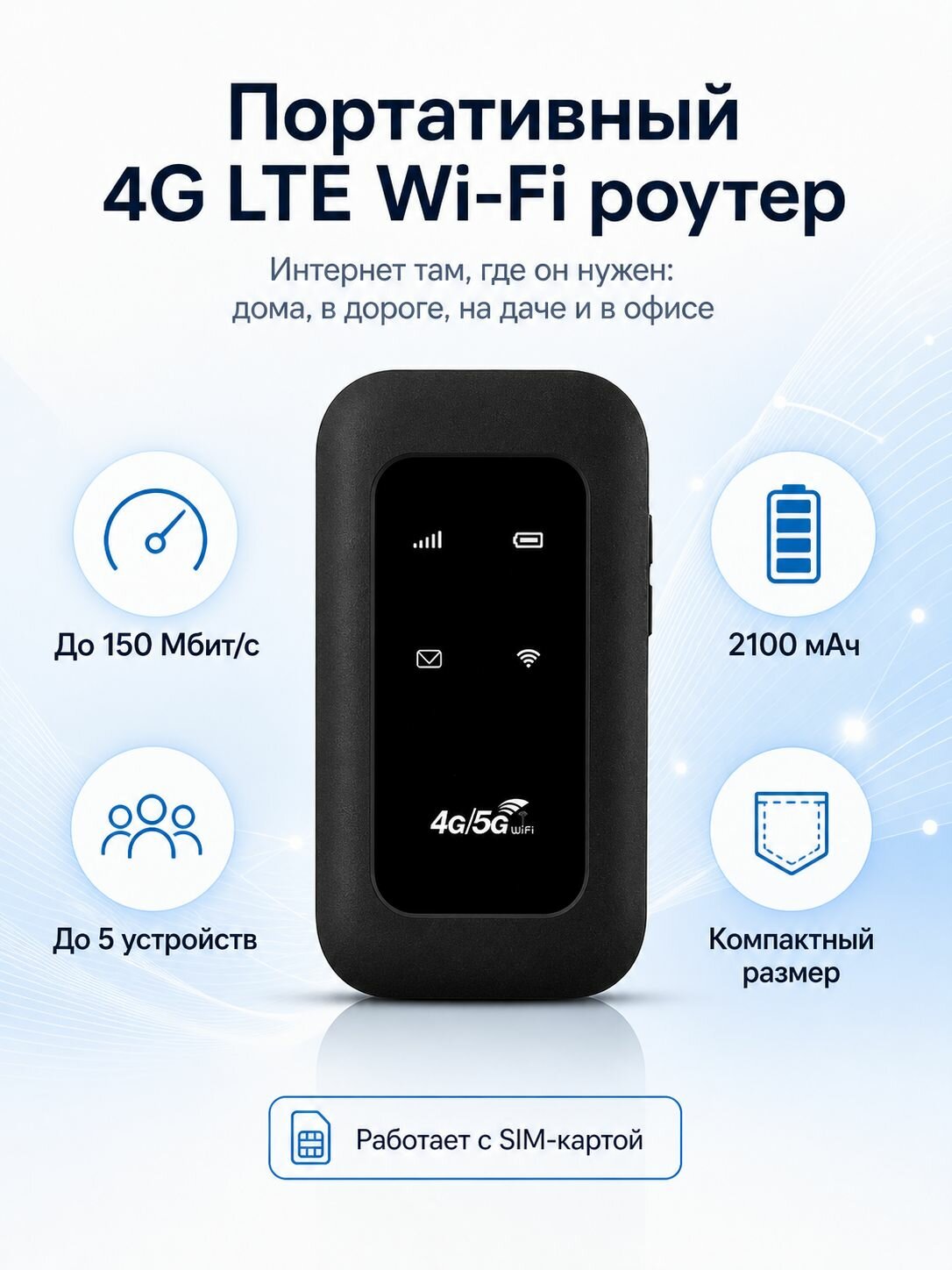Портативный 4G LTE Wi Fi роутер с SIM-картой, аккумулятором 2100 мАч и скоростью до 150 Мбит/с