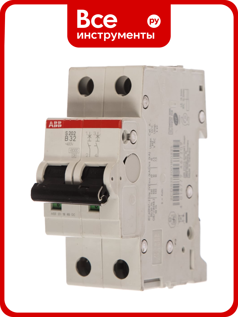 Автоматический выключатель ABB 2-полюсный S202 B32 2CDS252001R0325 модульный тип B, защита IP20, установка на DIN‑рейку