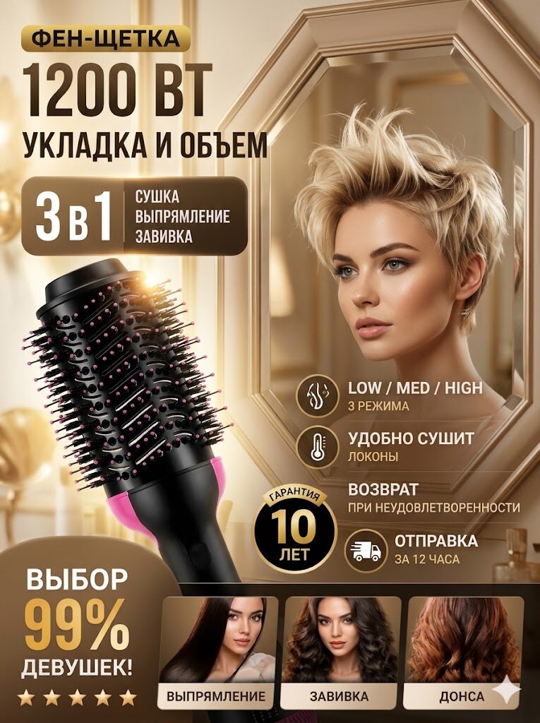 Фен-щетка для волос / Расческа с ионизацией One Step Фен-щётка (расчёска-фен) для волос Hair Dryer 3 в 1