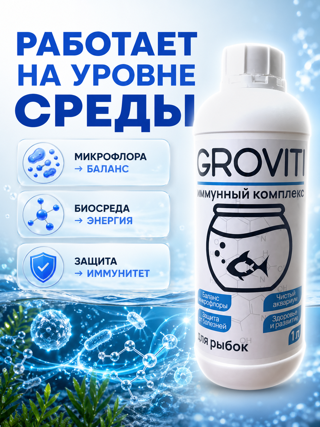 Биокомплекс Groviti витамины для аквариумных рыб и черепах 1 литр