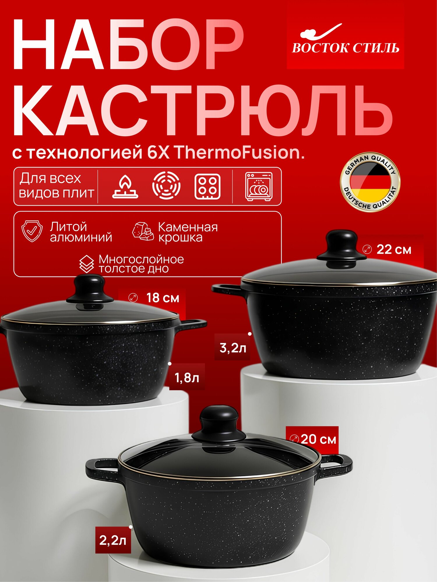 Набор кастрюль 3 в 1, казанков с крышкой с антипригарным покрытием из литого алюминия, для всех типов плит / Объёмы: 1.8 л; 2.2 л; 3.2 л