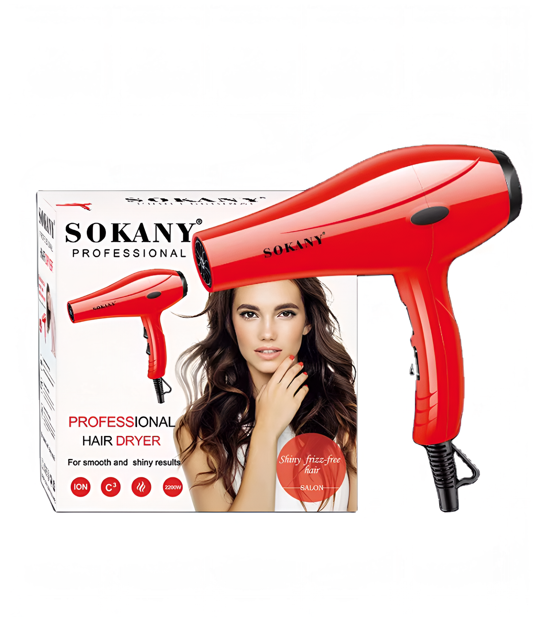 Фен для волос Sokany SK-174 2200 Вт, скоростей 2, кол-во насадок 1, красный
