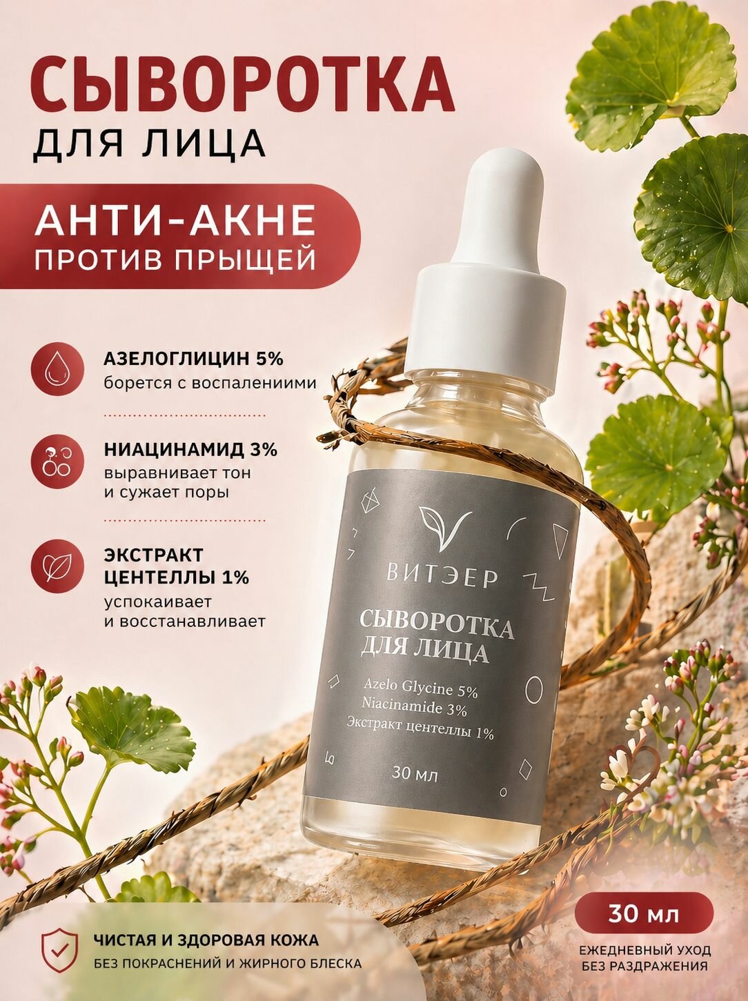 Сыворотка от акне и жирной кожи с азелоглицином и ниацинамидом, против прыщей