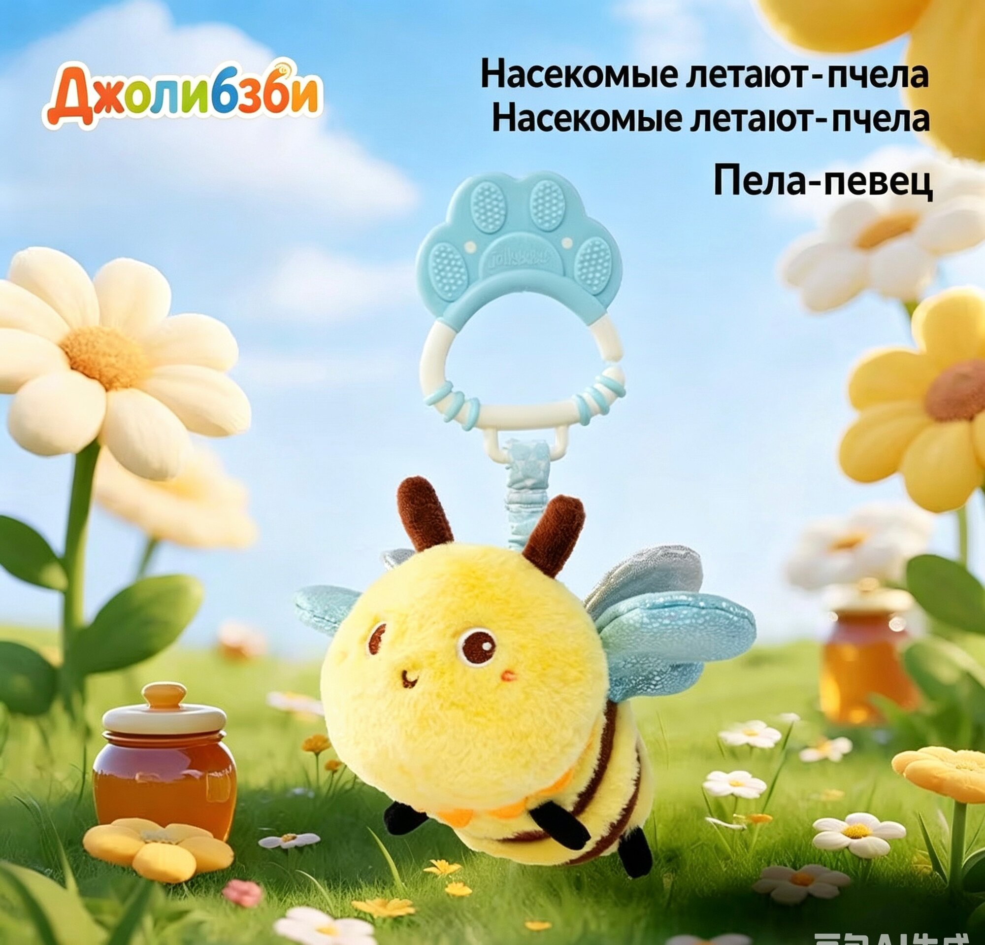 Мягкая гипоаллергенная ткань, силиконовый прорезыватель, встроенный колокольчик, развивает зрение