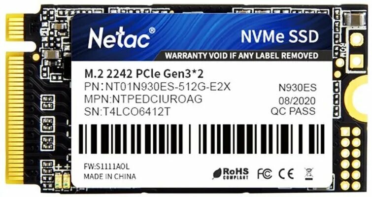 Netac 512 ГБ Внутренний SSD-диск , M.2, PCI-E 3.0 8 Гбит/с (NT01N930ES-512G-E2X)