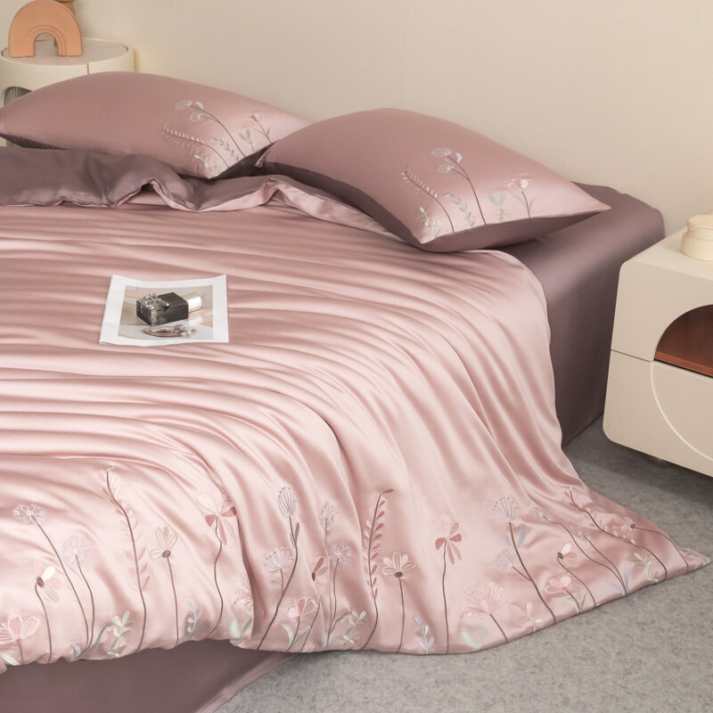 Летнее постельное белье Tencel с вышивкой розовый боб для 1,5м кровати