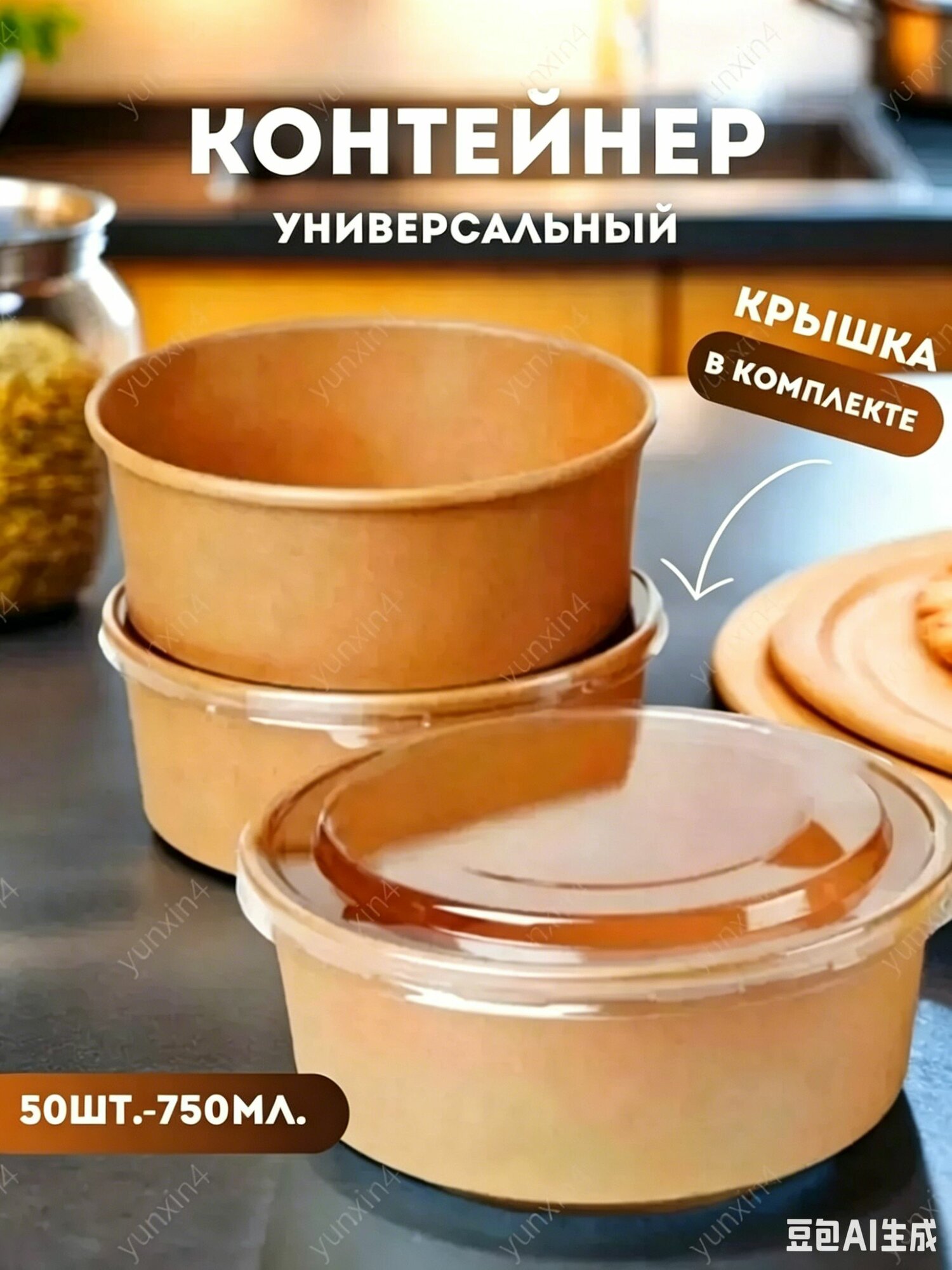 Контейнеры одноразовые круглые с крышкой крафт ; (750мл) 50 штук ; упакованная бумажная миска для пикника