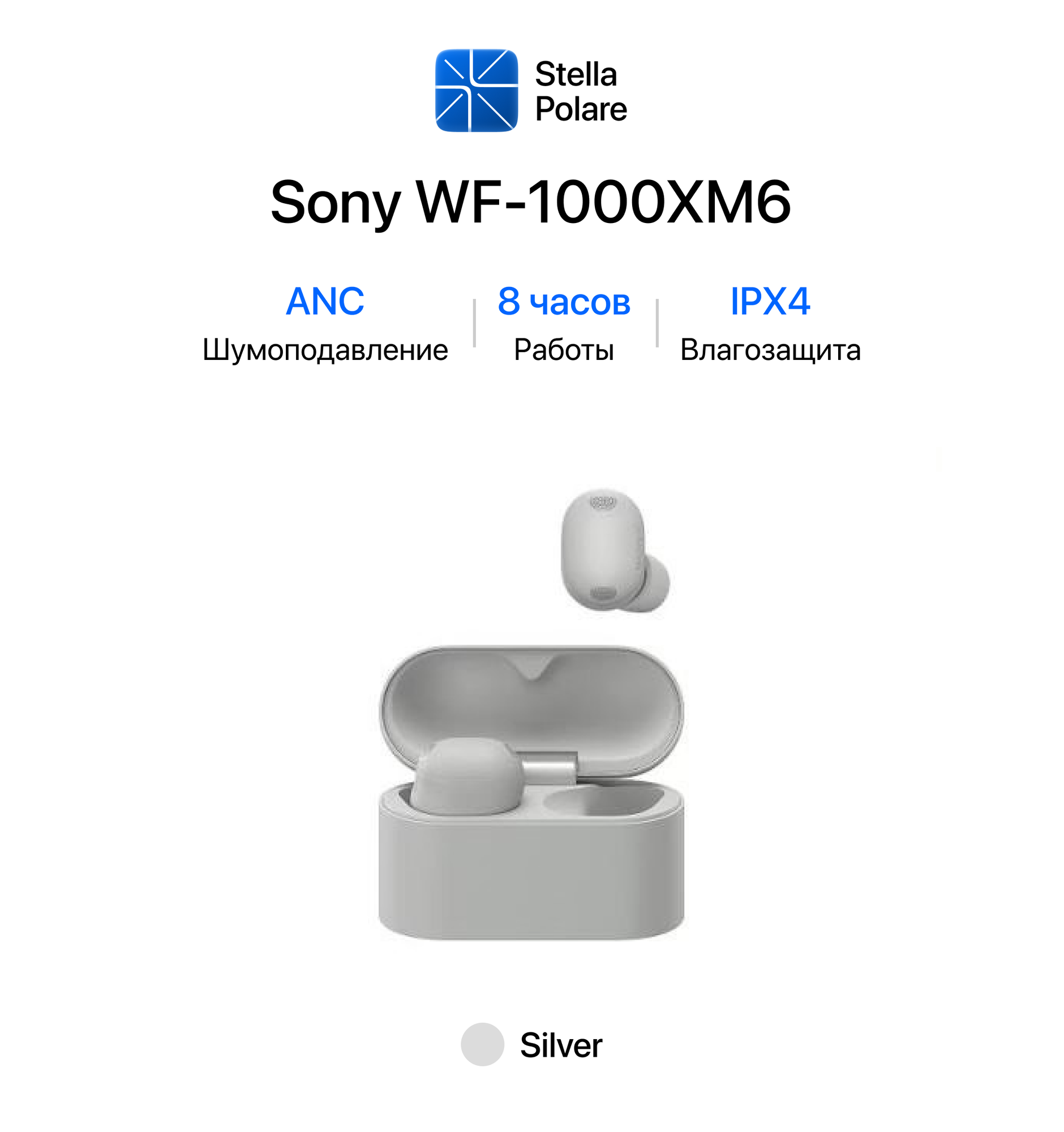 Беспроводные наушники Sony WF-1000XM6 с активным шумоподавлением, Silver