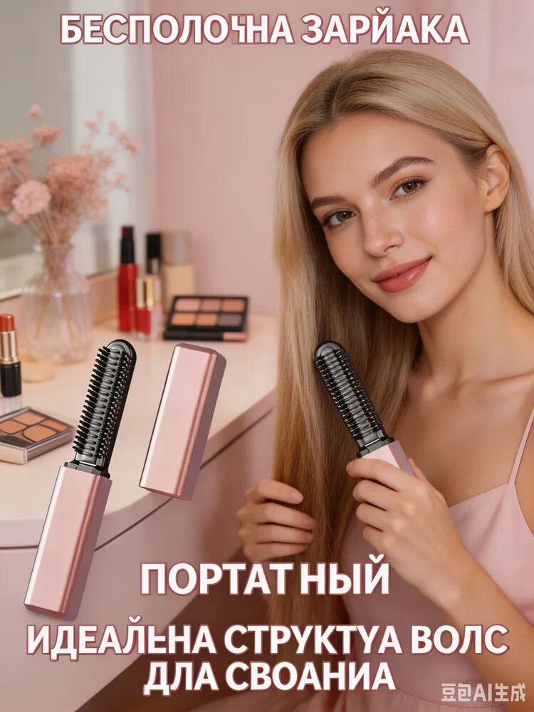 Компактная беспроводная щетка-стайлер 2-в-1 для выпрямления и завивки волос быстрый нагрев, портативная, с Type-C зарядкой. Есть три цвета на выбор: розовое золото, черный и жемчужно-белый.
