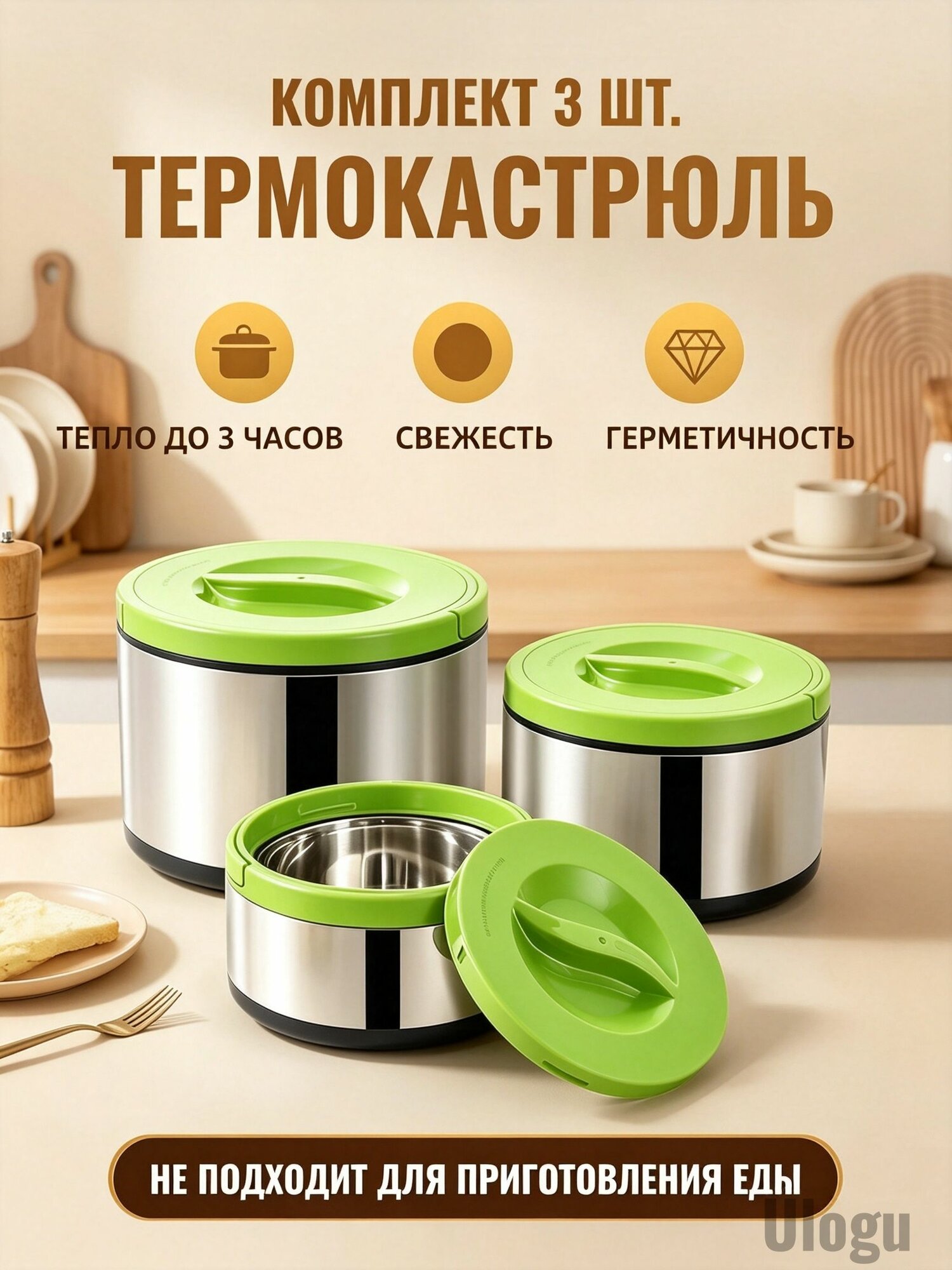 Термокастрюля 8 л 3 ч 3 шт серебристый, салатовый