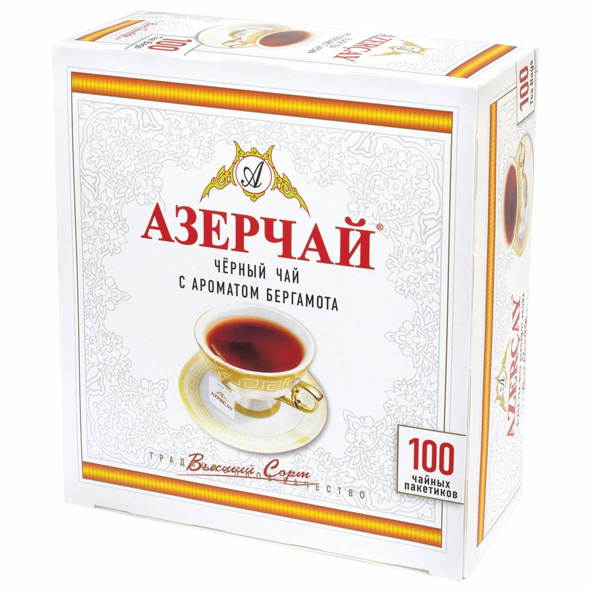 Чай Азерчай черный с бергамотом, 100 пакетиков с ярлычками по 2г, картонная коробка (419830), 6шт.