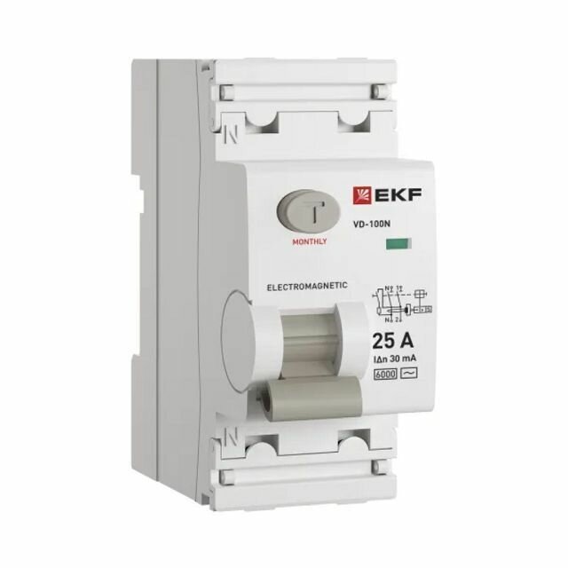 Устройство защитного отключения EKF Proxima VD-100N, 2P, 25А/30мА, тип AC, электромеханическое