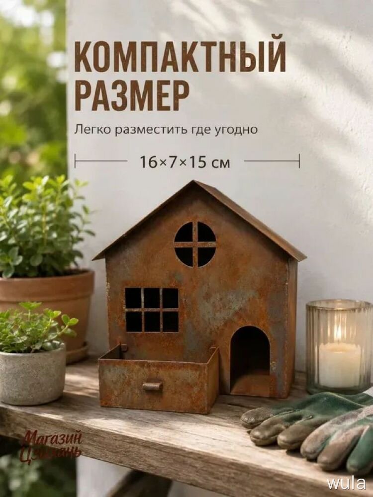 Металлический домик для сада с эффектом ржавчины 16×7×15 см, ретро дизайн, для дачи и террасы — фото 1