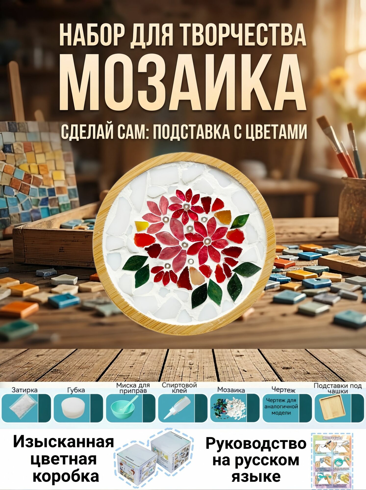 Набор для творчества DIY мозаика, деревянная подставка под кружку своими руками, рукоделие для детей и взрослых