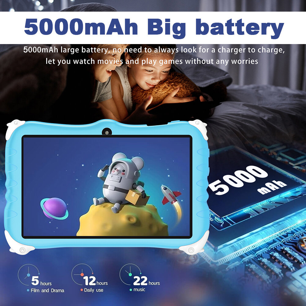 Детский планшет 7 дюймов Android 10 4 ГБ + 64 ГБ 1960*1080 Экран высокой четкости Обучающий планшет Безопасный защитный дизайн Аккумулятор большой емкости 5000 мАч Родительский контроль Богатый предустановленный планшет для детей