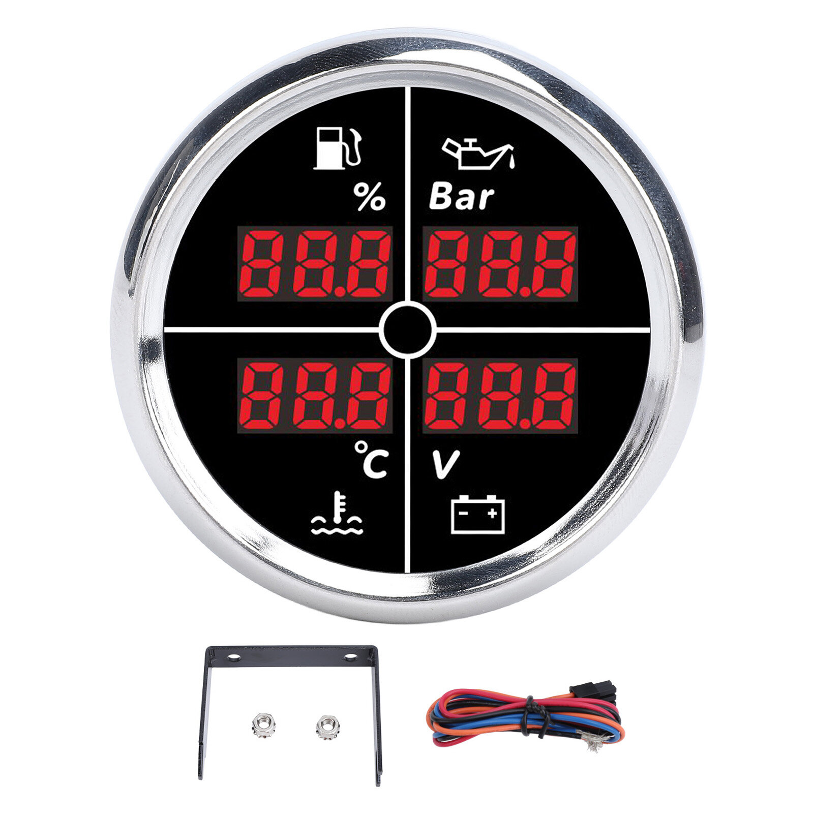 52 мм 4 в 1 Многофункциональный Датчик с Цифровым Дисплеем Уровень Топлива Давление масла Измеритель Температуры Воды Вольтметр с Подсветкой для Лодки RV 81000329 Серебристый Безель Черный Циферблат