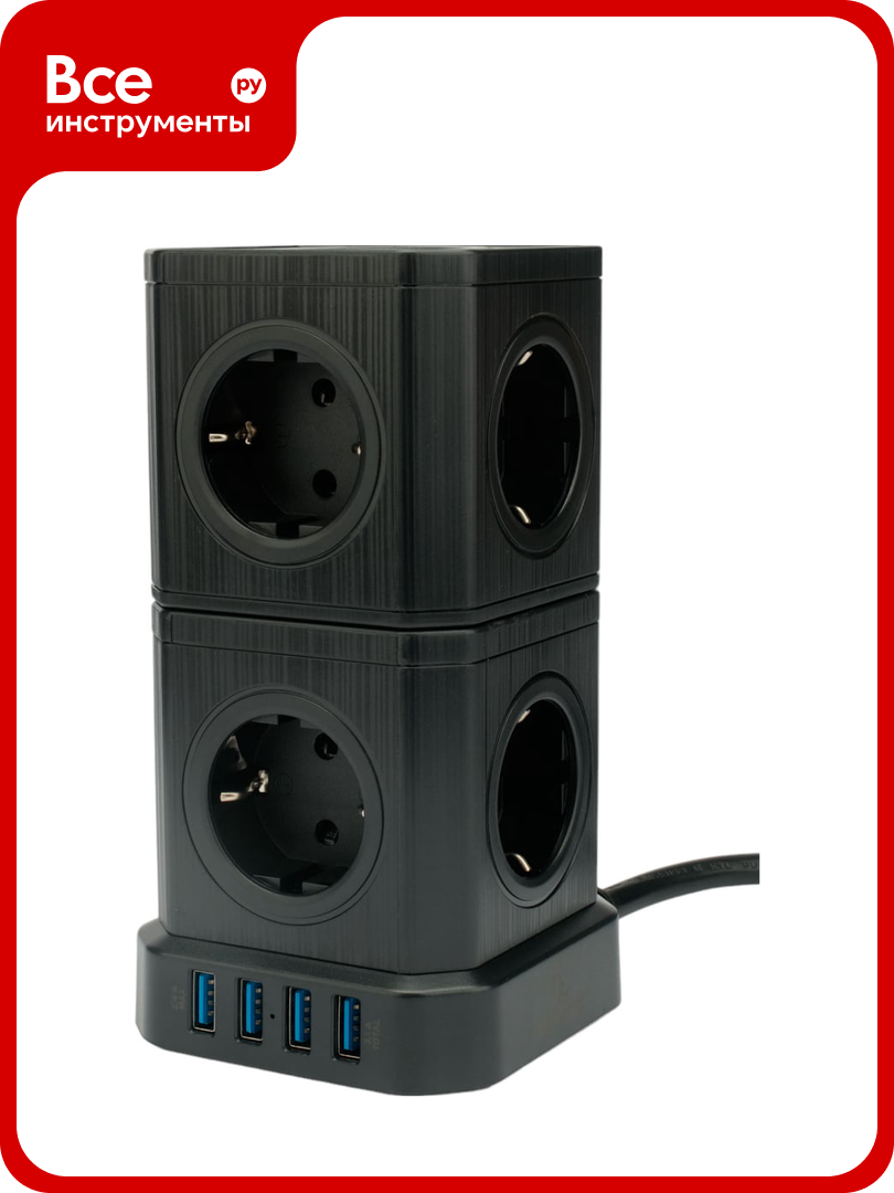 Сетевой фильтр Cablexpert tower, 9р, 16а, 4хusb, 3.1а, 2м, ур. защиты 4+, черный, коробка, TWR-9-U4-B-2, 135×120×190, 3×1