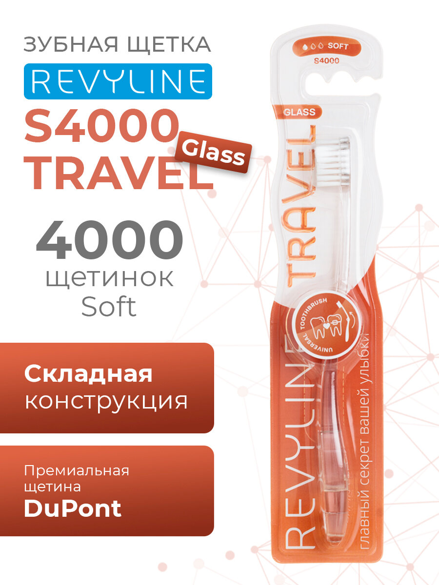 Зубная щетка Revyline S4000 Travel Glass складная персиковая, мягкая щетина, дорожная, походная, взрослая, для брекетов