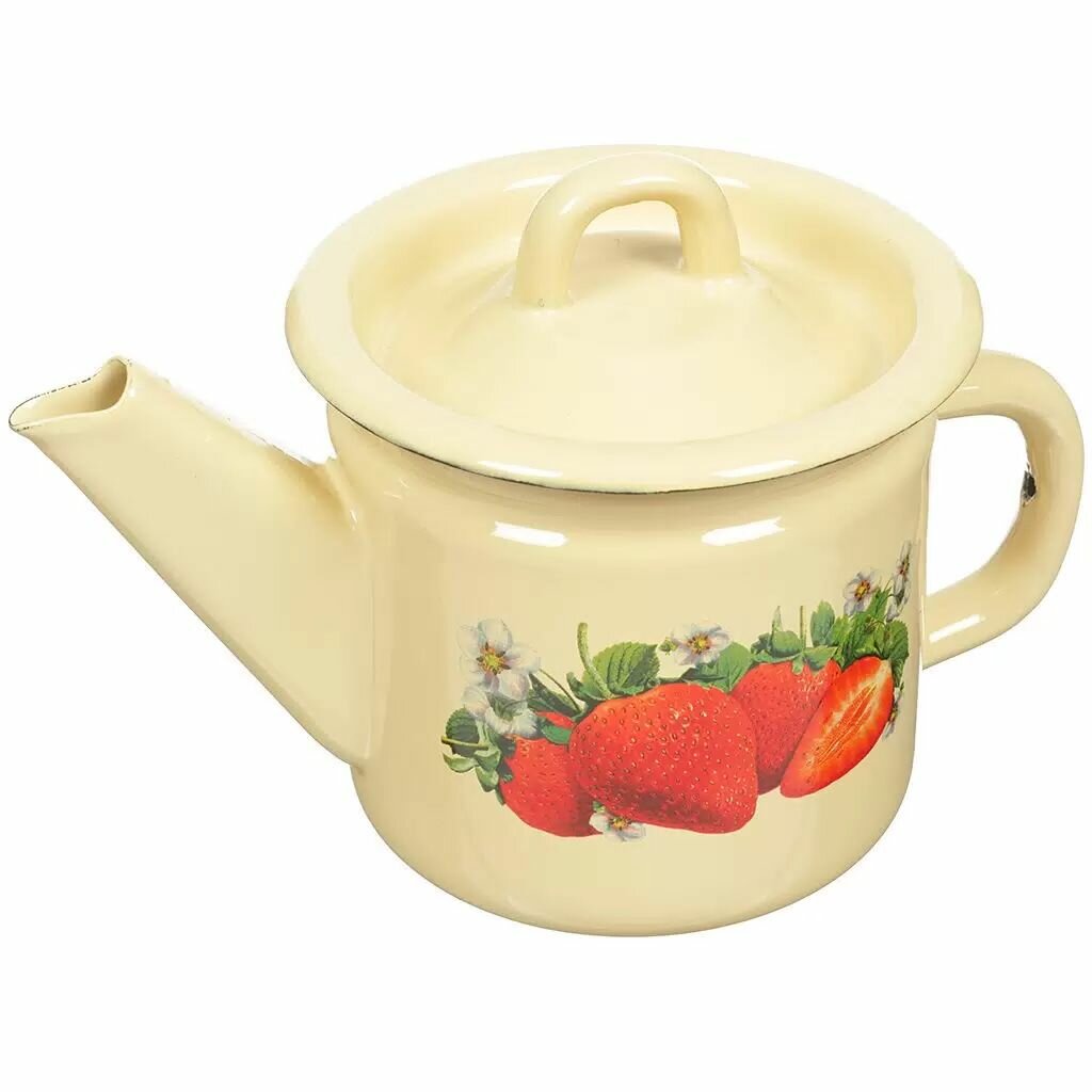 Чайник СтальЭмаль стальной эмалированный, 1 л, с металлической ручкой, Клубника, белый