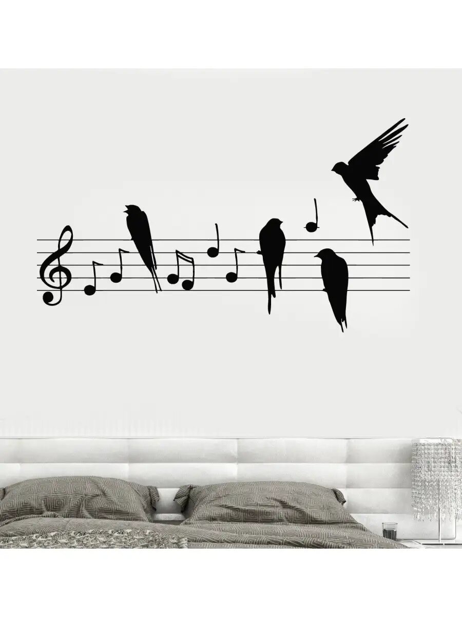 Наклейка на стену для декора интерьерная Птицы Нотный стан