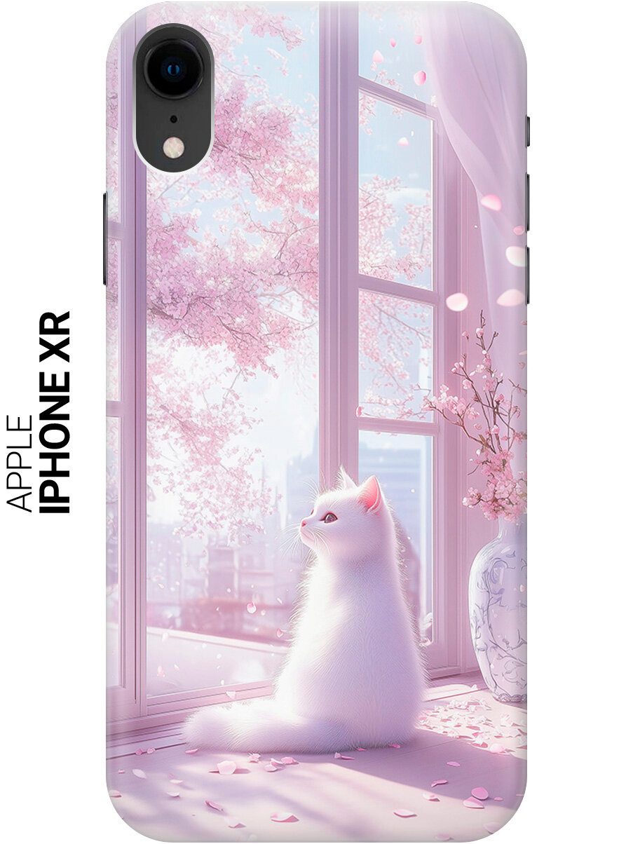 Силиконовый чехол на Apple iPhone XR с принтом "Белый котик и сакура"
