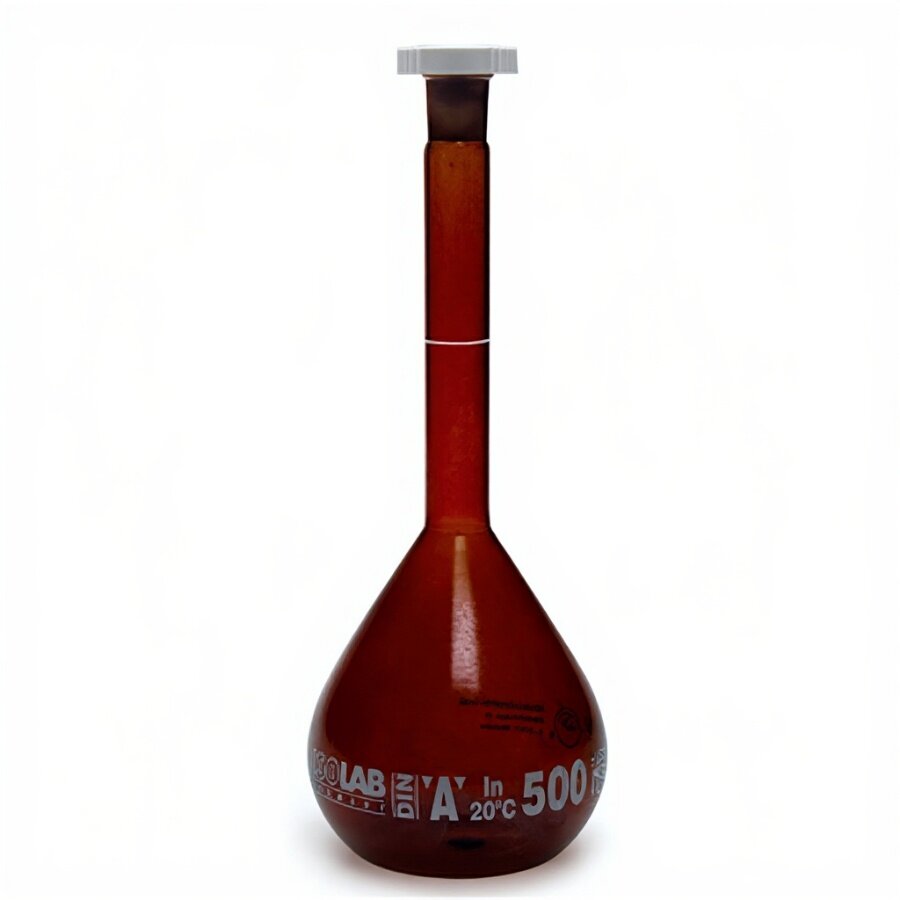 Колбы мерные с 1 отметкой и п/э пробкой NS 19/26, 500 мл, класс А, темное стекло, ISOLAB, Германия, 2 шт.