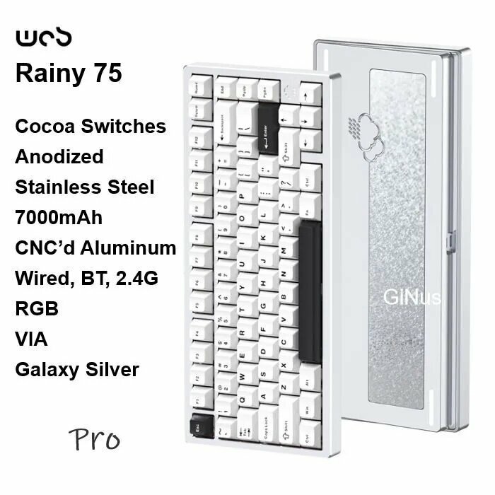 Игровая клавиатура беспроводная Rainy75 Pro, GalaxySilver, RGB, CocoaSwitches, Anodized, Английская раскладка, светло-серый