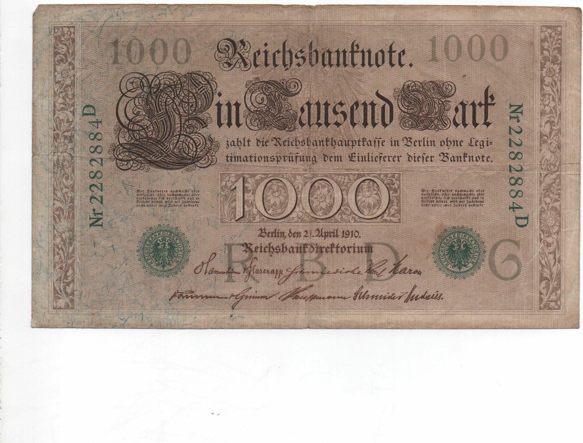 Купюра банкнота Германия 1000 марок тысяча марок 1910 год оригинал - зеленая печать