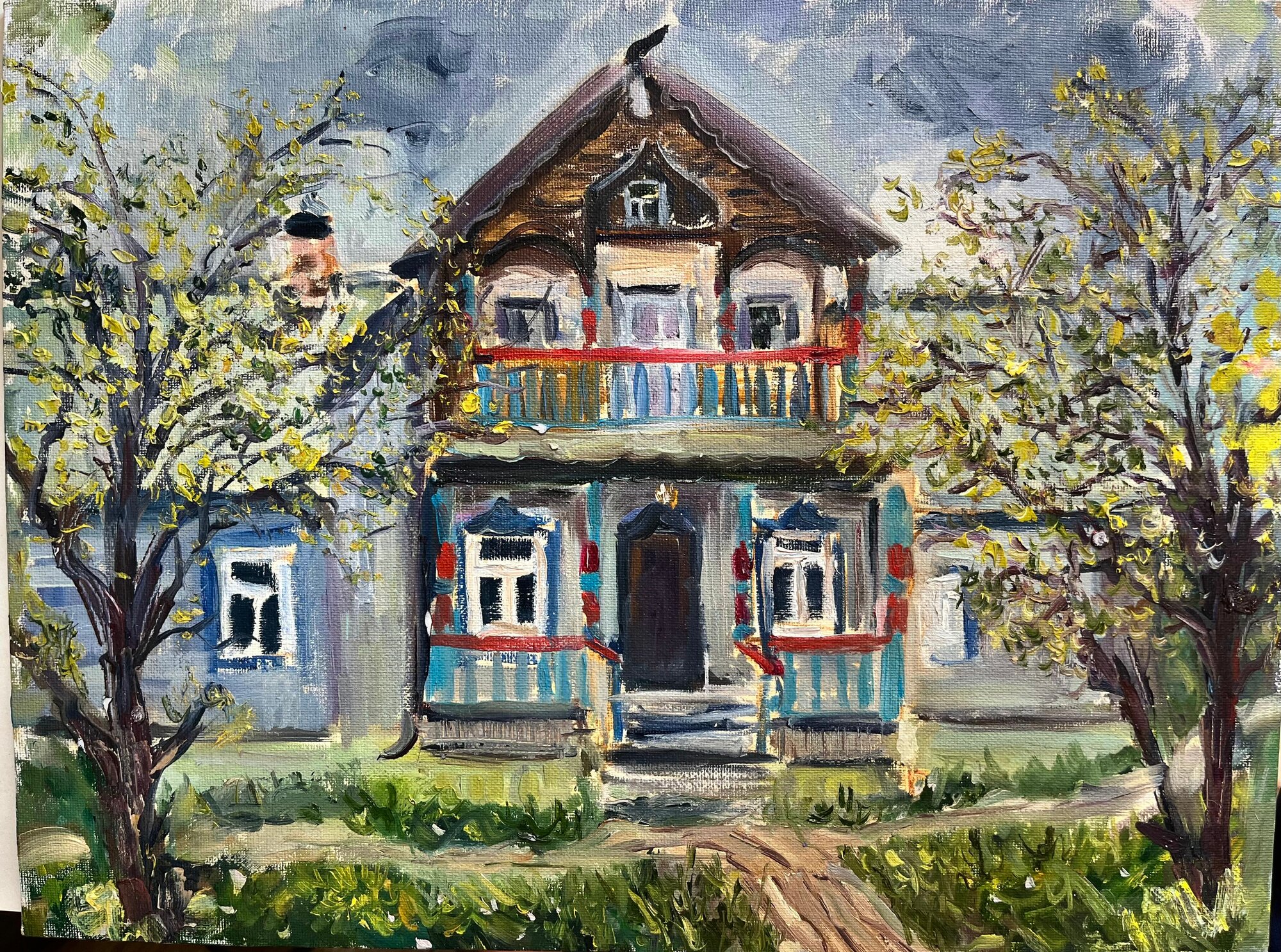 Картина маслом Пейзаж Деревенский дом ручная работа 30 на 40 см