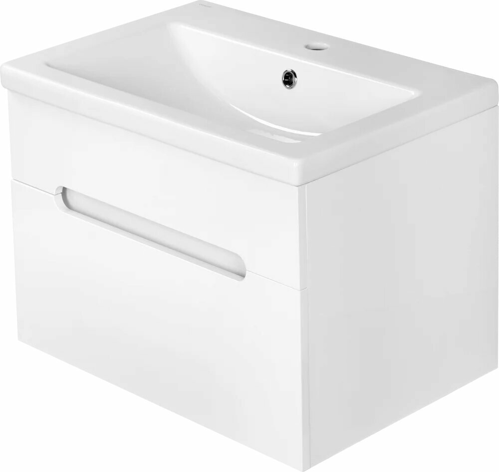 Тумба с раковиной DIWO Коломна подвесная, 60 см, белая, глянцевая, из МДФ, с ящиками, раковина для ванной фарфоровая, прямоугольная, встроенный слив-перелив, с сифоном