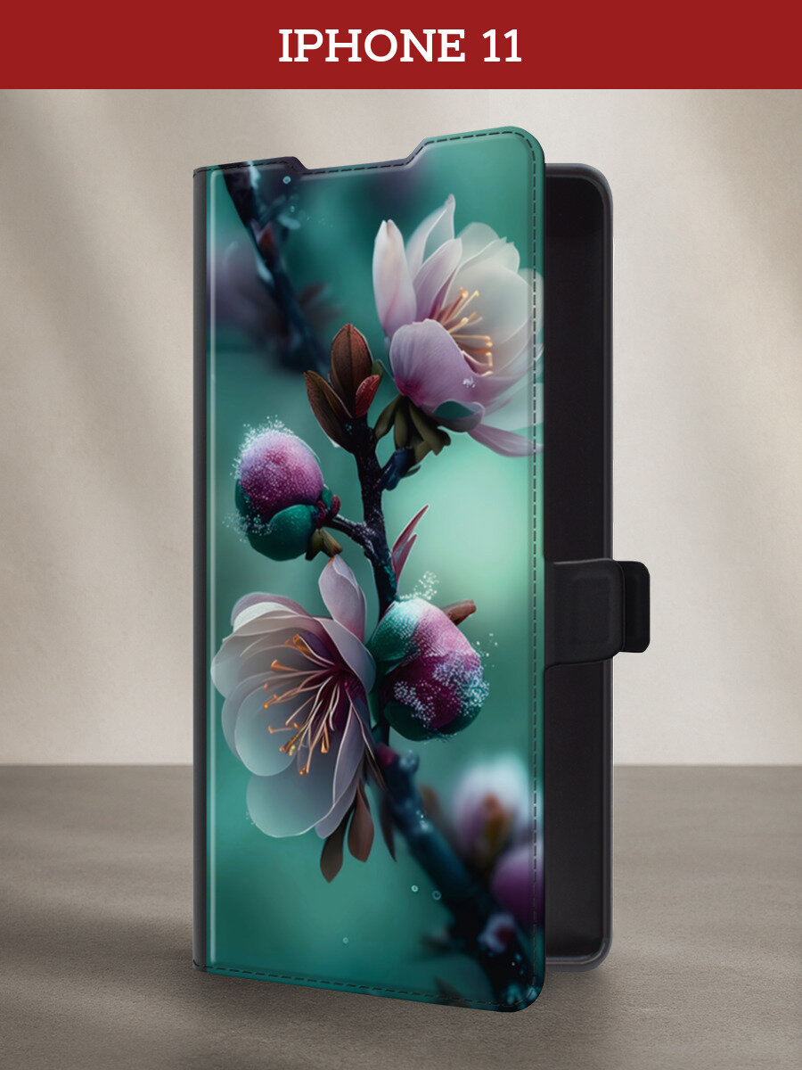 Чехол-книжка на Apple iPhone 11 / Айфон 11 с принтом Цветущая веточка, черный