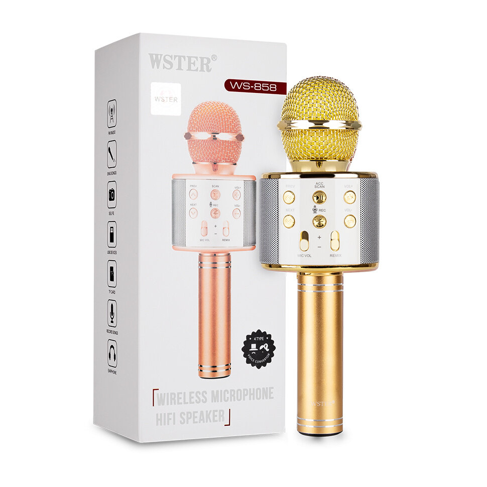 Оригинальный караоке-микрофон WSTER WS-858 с колонкой, Bluetooth, портативный, 5Вт, 1800mAh, золото