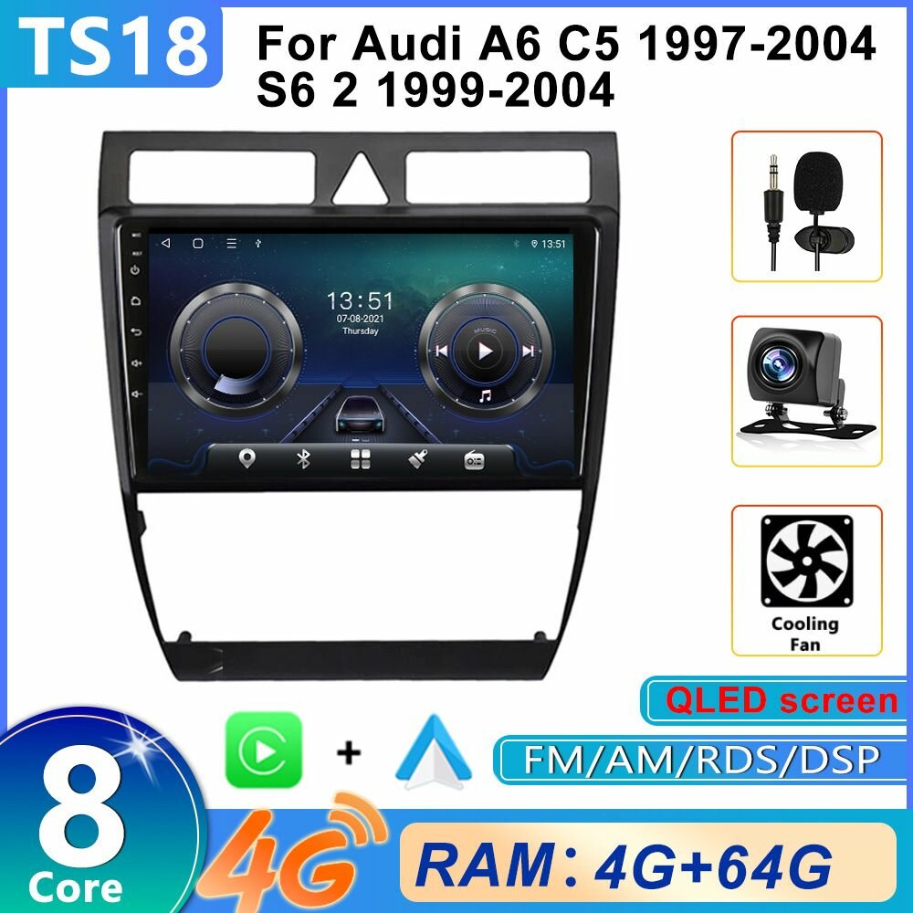 Магнитола Audi A6 C5 1997-2004 S6 2 1999-2004 Автомагнитола Android TS18 4+64 GPS, Bluetooth, WiFi, IPS экран, FM, AM, Сенсорные кнопки, Carplay/android auto