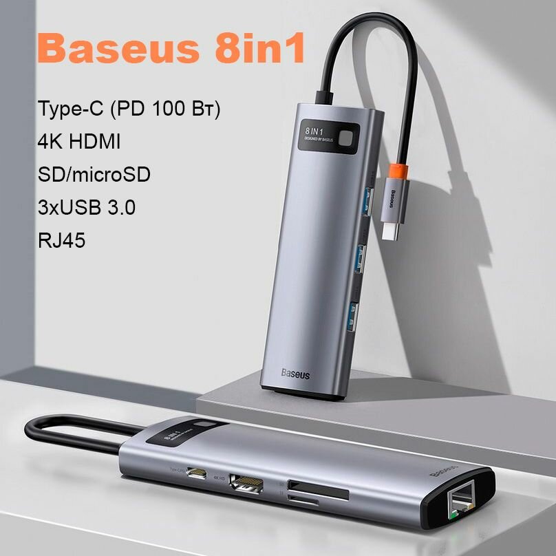 Хаб 8in1 Type-C to Type-C+4K HDMI+SD/microSD+3xUSB 3.0+RJ45, юсб концентратор Baseus Hub Metal Gleam