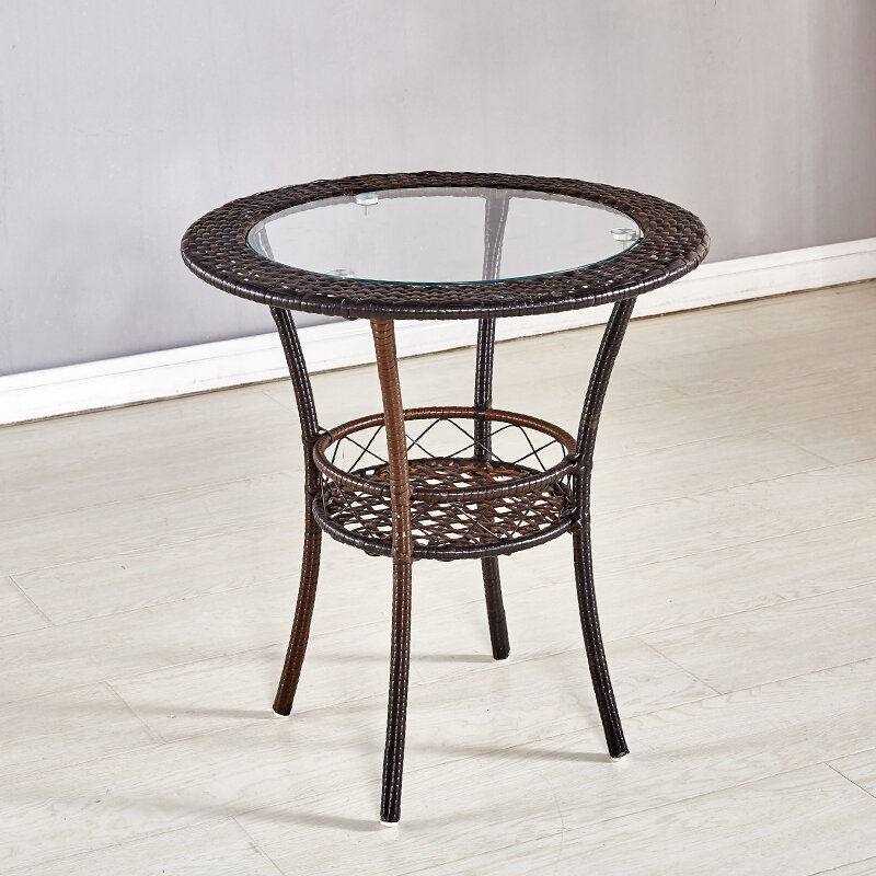 Спальня на балконе, сад, небольшой круглый столик из закаленного стекла, простой искусственный ротанг, 60*60*60 см